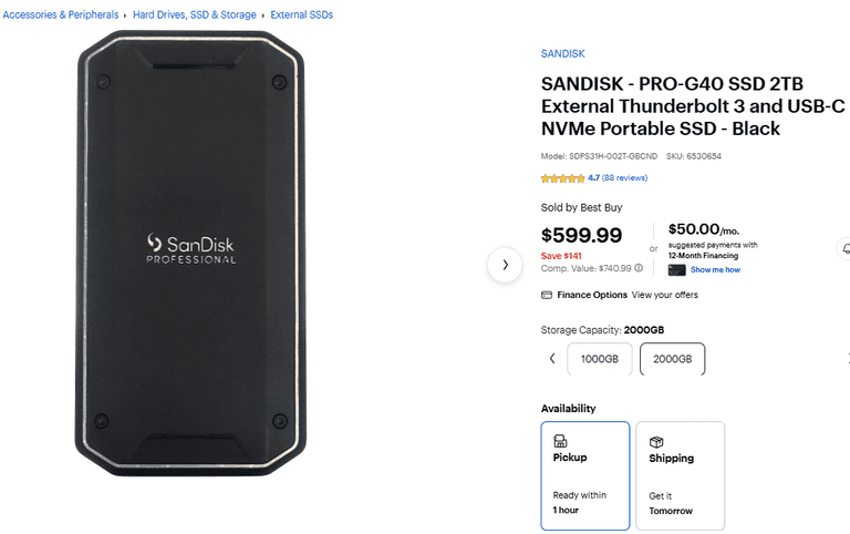 SANDISK PRO-G40 SSD 2TB External Thunderbolt 3 and USB-C NVMe Portable ...
