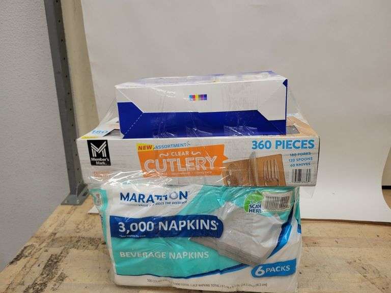 BUNDLE- MARATHON Napkins, 3000ct. & MEMBERS MARK Clear Cutlery, 360pcs ...