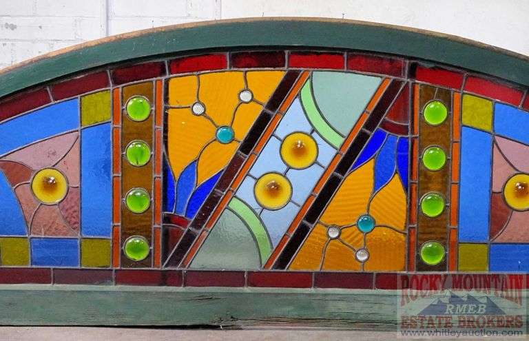 Large Antique Arch Top Stained & Leaded Glass Transom Window with ...