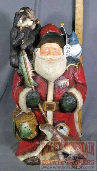 Very cool 21" composition Santa with fishing gear & animals sculpture ...