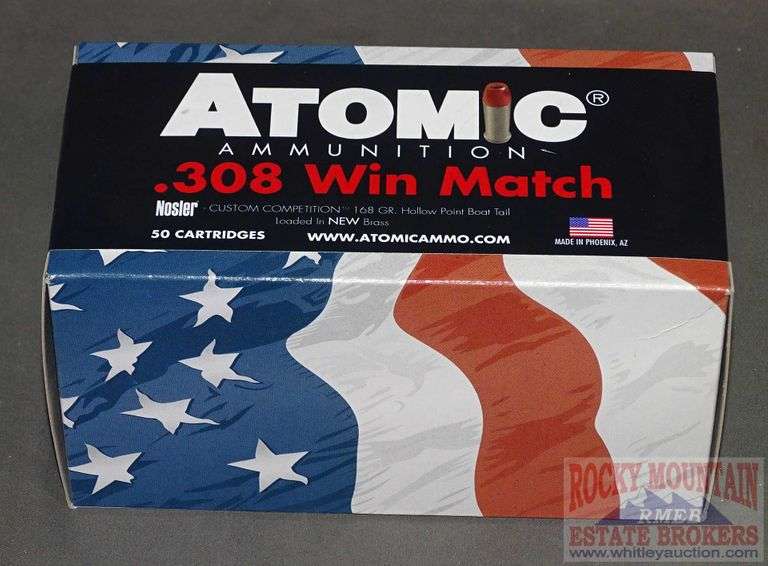 1 new box of 50 Atomic .308 Win Match 168 Gr HPBT Cartridges. - Rocky Mountain Estate Brokers Inc.
