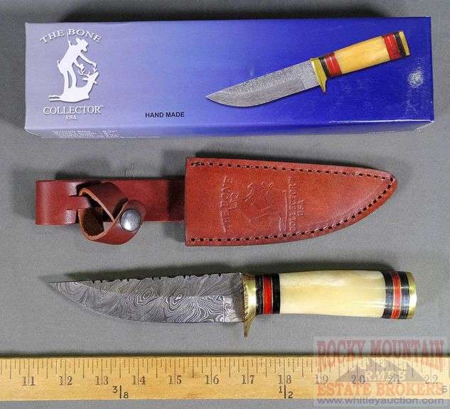 Fancy 10" Damascus Blade Knife with Inlaid Bone Handle & Leather Sheath ...