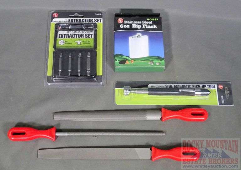 New 3-Piece File Set, SS hip flask, 9# magnetic pick-up tool & screw ...