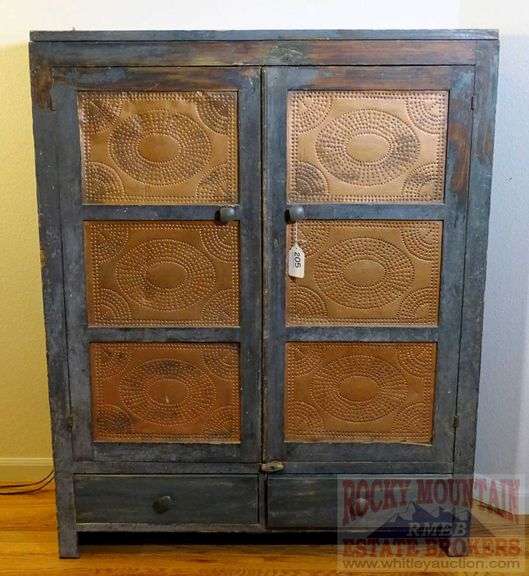 Wonderful antique pie safe with punched tin door panels, 2 drawers and ...