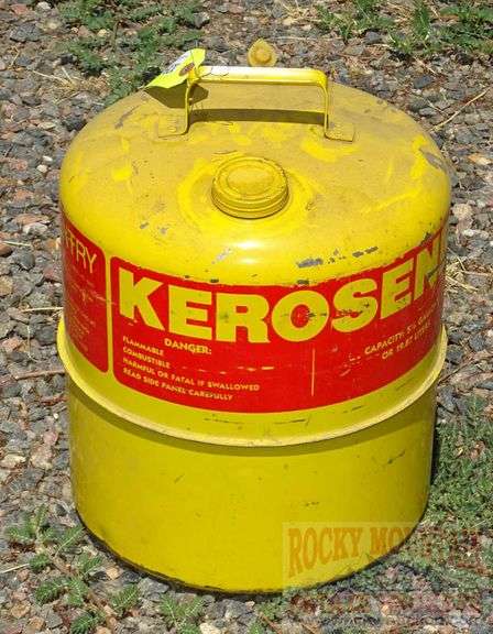 Yellow 5-1/4 gallon Kerosene can. - Rocky Mountain Estate Brokers Inc.