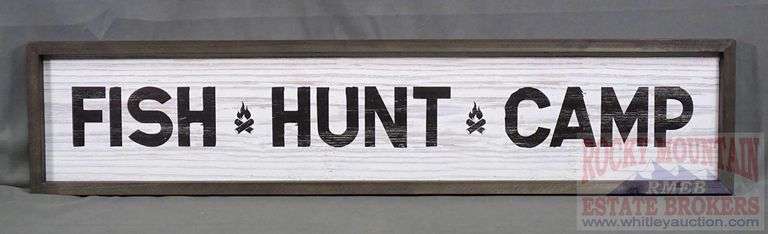 Neat 8"X36" "Fish, Hunt, Camp" wood framed sign. - Rocky Mountain ...