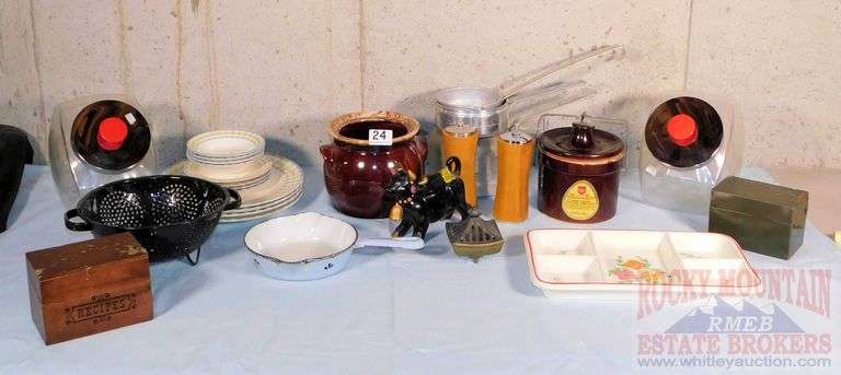 Vintage glass candy jars, recipe boxes, cast iron fry pan, cow creamer ...