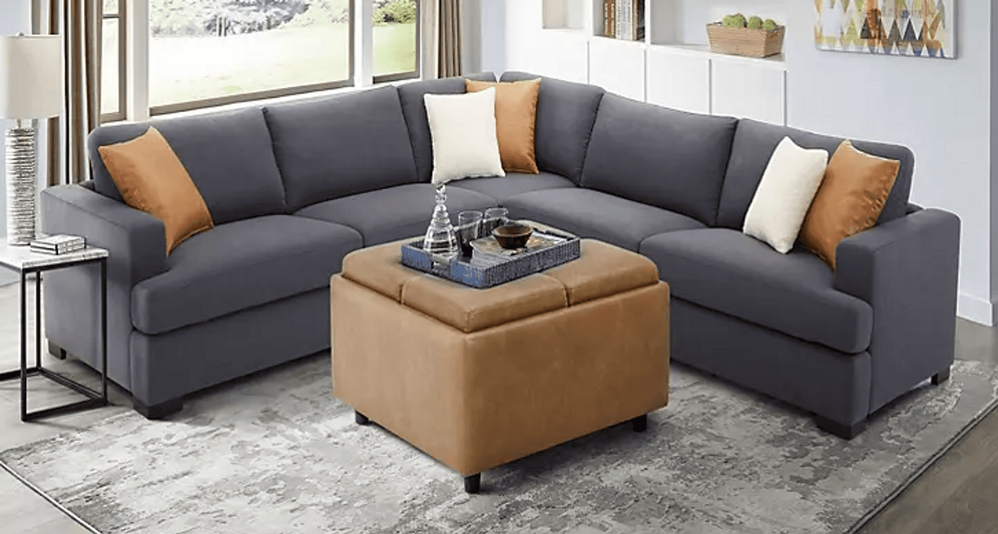 Brand New Cole Rye 3 Piece Modern Style Sectional with Stain Resistant Fabric 5 Pillows. This sectional combines comfort and a timeless design with stain and water resistant fabric to keep
