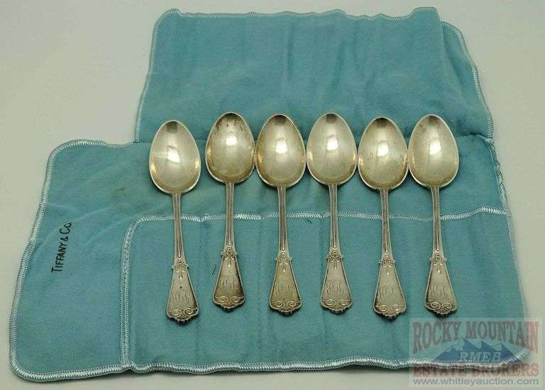 6 Tiffany & Co. Sterling Silver Dessert Spoons with Blue Cloth Tiffany ...