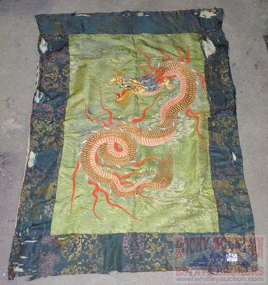 Vintage Oriental Embroidered Dragon on Fabric. The dragon is in good ...