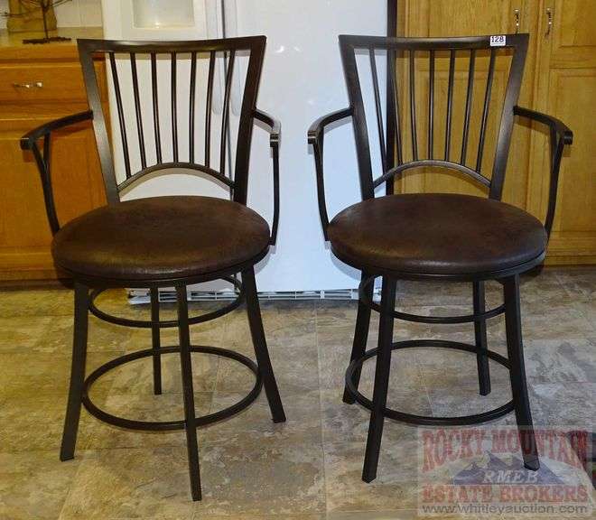 2 Heavy Iron Swivel Bar Stools W/ Leather Look Seats. Seat is 23" high ...
