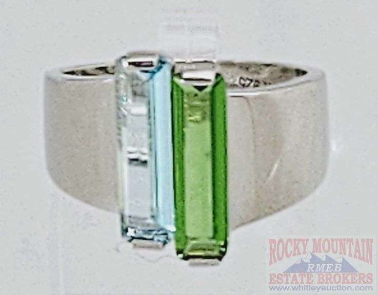 Blue & Green Helenite & Sterling Silver Double Bar Dress Ring, Size 8 ...