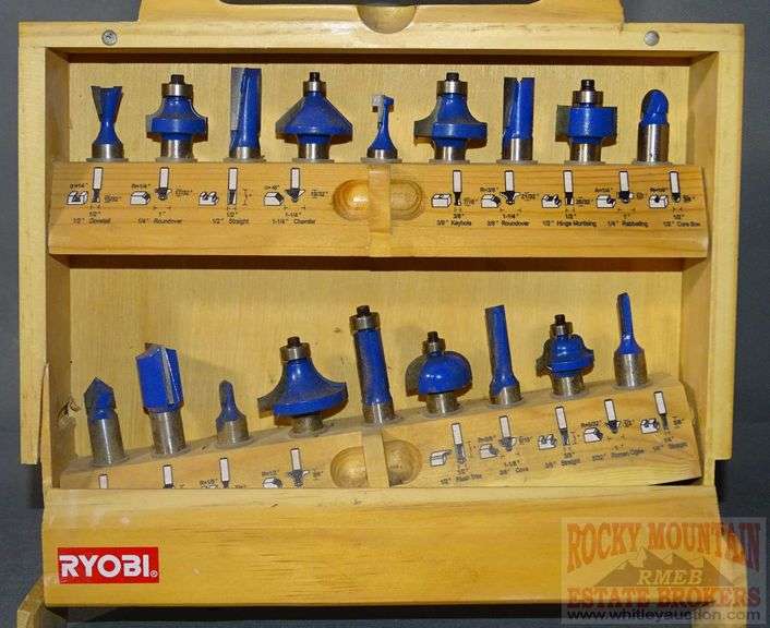 Ryobi Router Bit Set W/ 18 Bits In Wooden Case. Case has loose joint ...