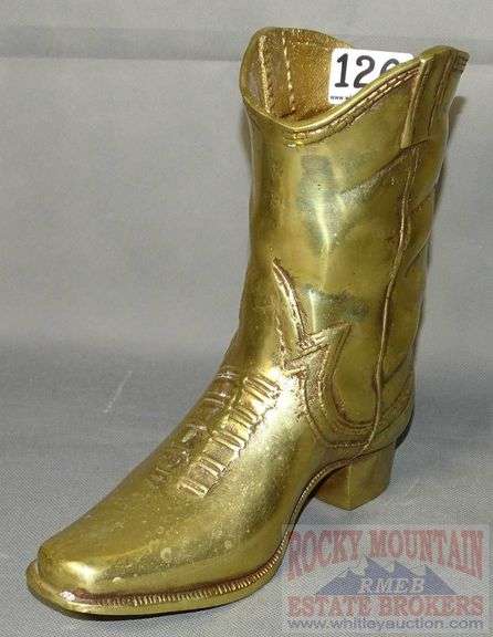 Large Brass Cowboy Boot, 9" high. - Rocky Mountain Estate Brokers Inc.