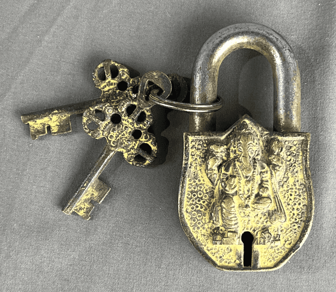 3.5" Cast Brass Ganesha Decorated Garden Gate Padlock W/ 2 Fancy ...
