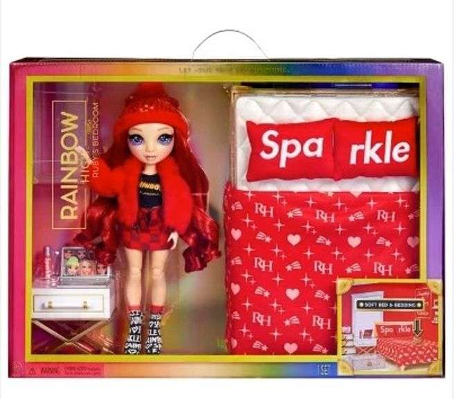 New Rainbow High "Ruby" Dorm Room Playset. Includes bed, bedspread, pillows, night stand & more ...