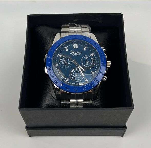 New Geneva Platinum Men's Quartz Silver-Tone Watch W/ Blue Face & 3 Non ...
