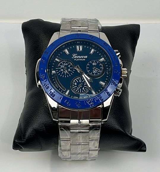 New Geneva Platinum Men's Quartz Silver-Tone Watch W/ Blue Face & 3 Non ...