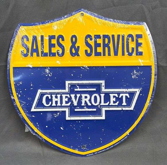 Neat Die Cut Chevrolet Sales & Service Embossed Tin Shield Sign ...