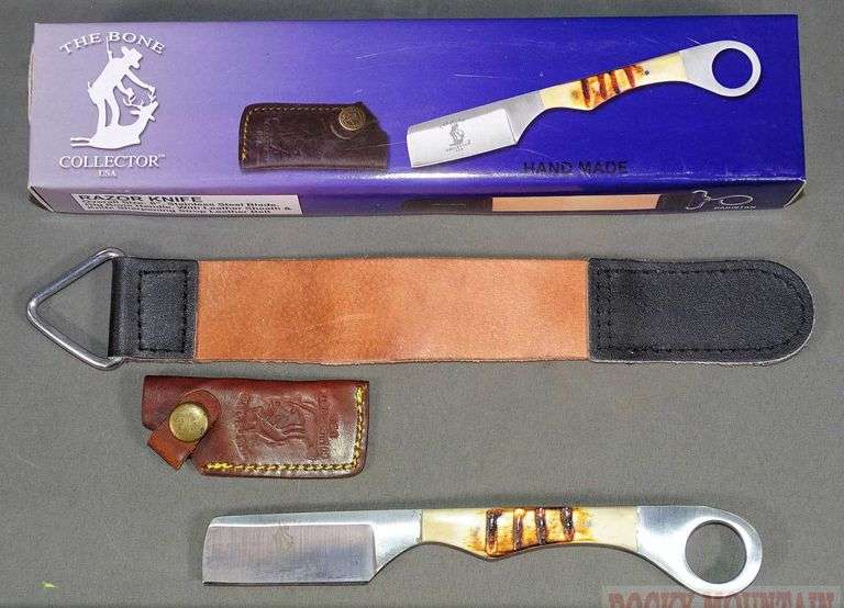 New Bone Collector Straight Razor with Bone Handle, Sharpening Leather ...