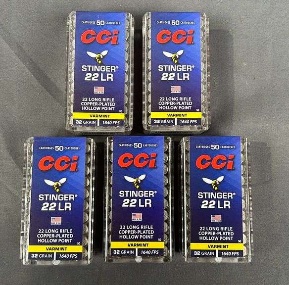 5 New Boxes of 50 CCi Stinger .22LR, 32 Gr. Copper-Plated HP Cartridges ...