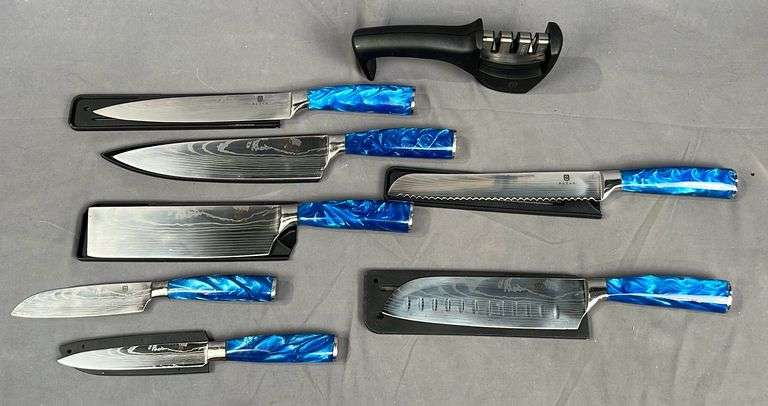 Nice Razar 7-Piece Damascus Blade Kitchen Knife Set with Blue Handles ...