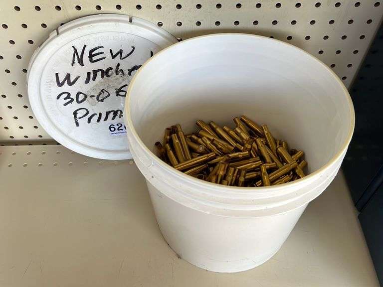 1/2 Full, Large Bucket of Primed 30-06 Brass Shell Casings. Bucket is ...