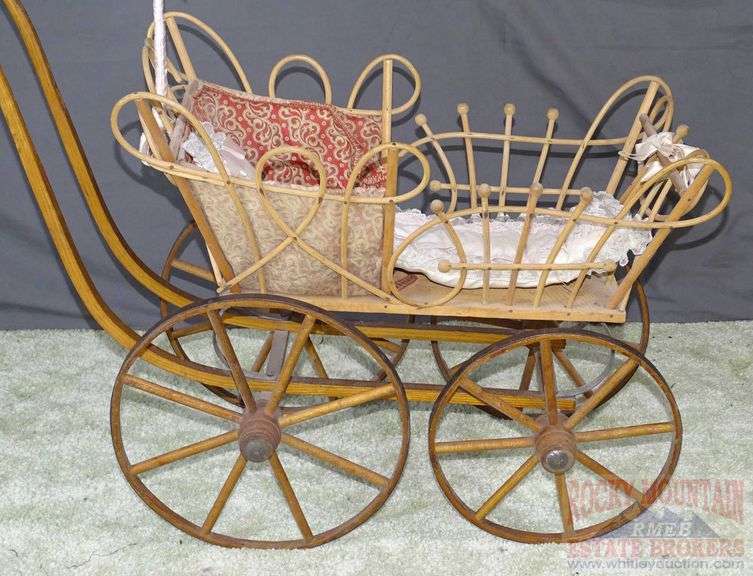 Very Cute Vintage Rattan Doll Carriage W/ Lace Parasol, Wood Frame ...
