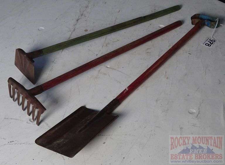 Vintage Child Size Shovel, Rake & Hoe W/ Wood Handles. All for one ...