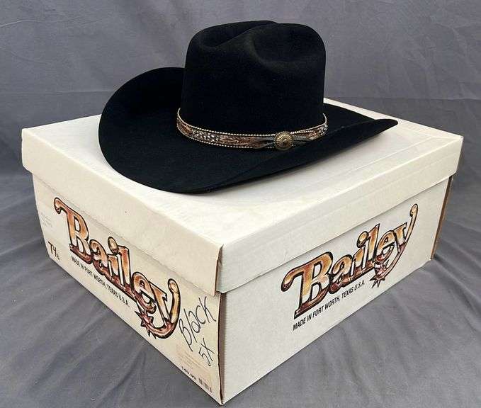 Bailey 5X Beaver Black Cowboy Hat W/ Feather Decorated Hat Band & Box ...