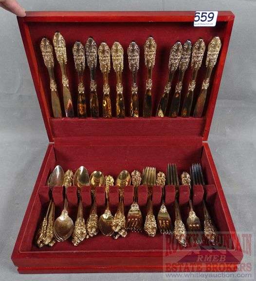 Wonderful "Baroque" by Godinger Gold-Plate Flatware Set in Wooden Case ...