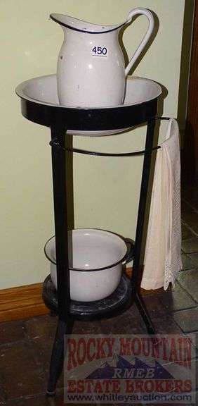 Neat Vintage Iron Wash Stand W/ Enamel Pitcher & Bowl & Chamber Pot ...