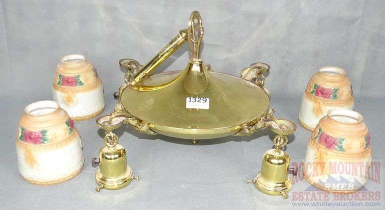 Neat Vintage Brass 4-Bulb Light Fixture W/ Hand Painted Shades. - Rocky ...