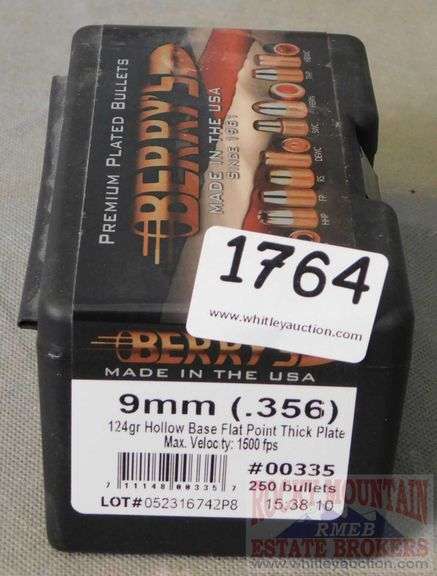 Sealed Box of 250 Berry's 9mm 124 Gr. Hollow Base Flat Point Thick ...