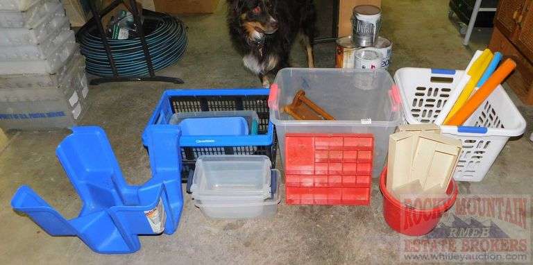 Asst. Plastic Storage Containers, Crates, Newspaper Stacker and more ...
