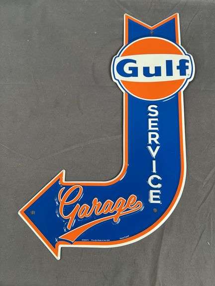 Neat "Gulf Service Garage" Embossed Tin 17" Arrow Sign. - Rocky ...