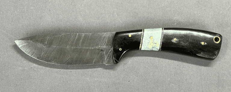 8" Damascus Blade Knife W/ Full Tang Construction, Inlaid Horn ...