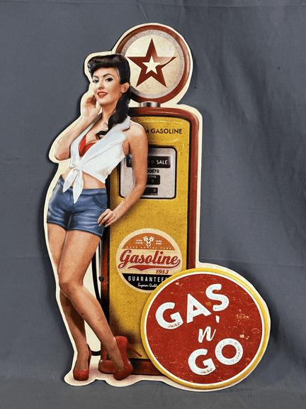 Neat "Gas N' Go" Embossed Tin Pin-Up Girl Sign, 20"x11". - Rocky ...