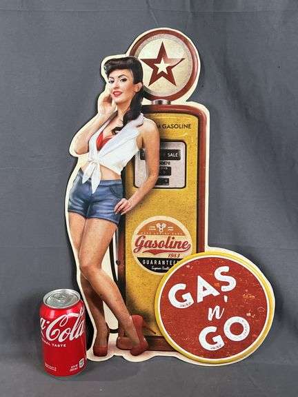 Neat "Gas N' Go" Embossed Tin Pin-Up Girl Sign, 20"x11". - Rocky ...