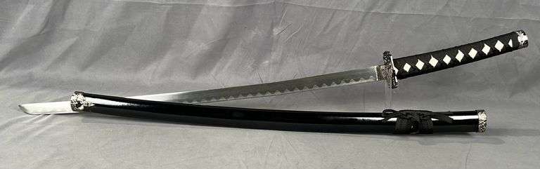 37" Samurai Sword with Fancy Pierce-Carved Guard, Black Cord Wrapped ...