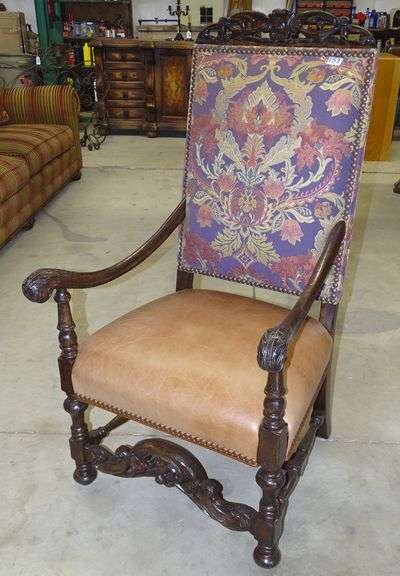 High-End Arm Chair with Pierce Carved Crown, Carved Stretchers, Leather ...