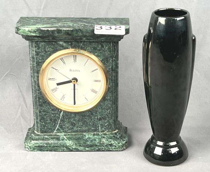 Bulova Green Marble Mantle Clock & Black Frankoma Bud Vase, 8" High ...