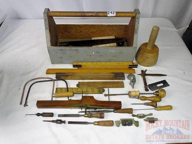 Vintage Wooden Tool Tote, Chisels, Rulers, Neat Wooden Mallet Scribe ...