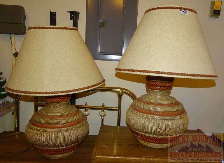 Two Vintage Composition Table Lamps With Shades, 26" High, Two Times ...