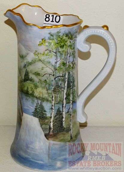 Large Hand Painted Porcelain Pitcher, 12" high. - Rocky Mountain Estate ...