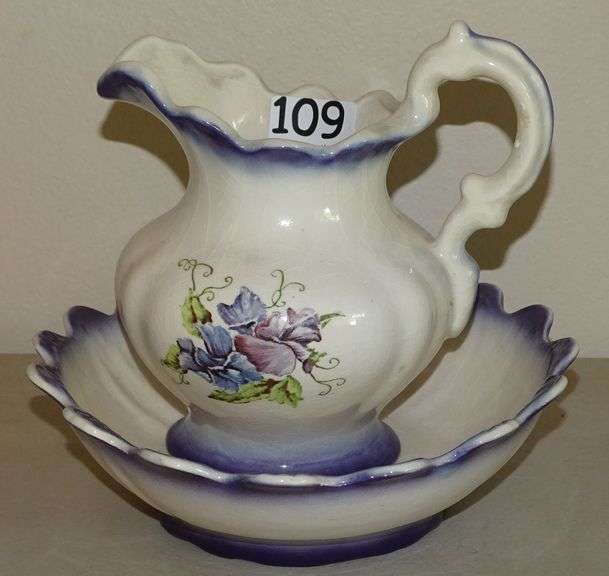 Small Hand Decorated Ceramic Pitcher and Bowl. Pitcher is 7" high ...