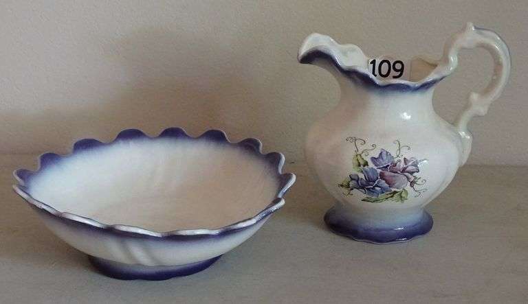 Small Hand Decorated Ceramic Pitcher and Bowl. Pitcher is 7" high ...