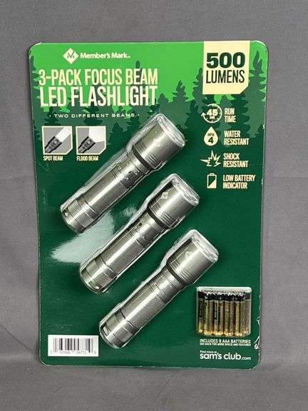 Brand New 3-Pack Focus Beam LED Flashlight, 500 Lumens. Run time 45 ...