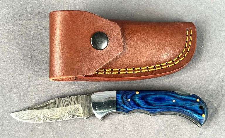 7" Lock-Back Damascus Blade Folding Knife W/ Blue Wood Handles ...