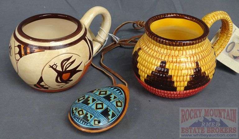 2 Native American Style Pottery Mugs and Hand Decorated Pottery Whistle ...